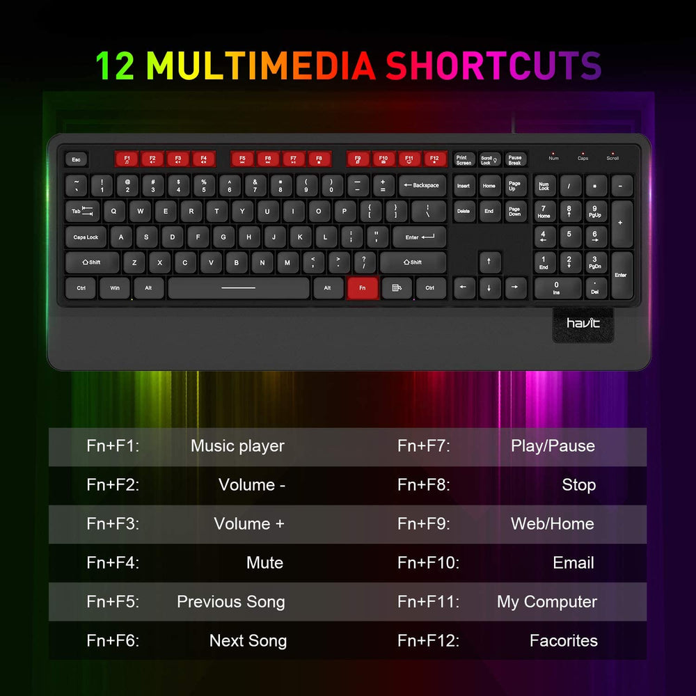 HAVIT KB488L Computer Keyboard 104 Keys with Rainbow Backlit & Wrist R