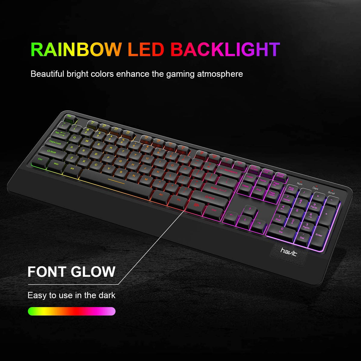 HAVIT KB488L Computer Keyboard 104 Keys with Rainbow Backlit & Wrist R