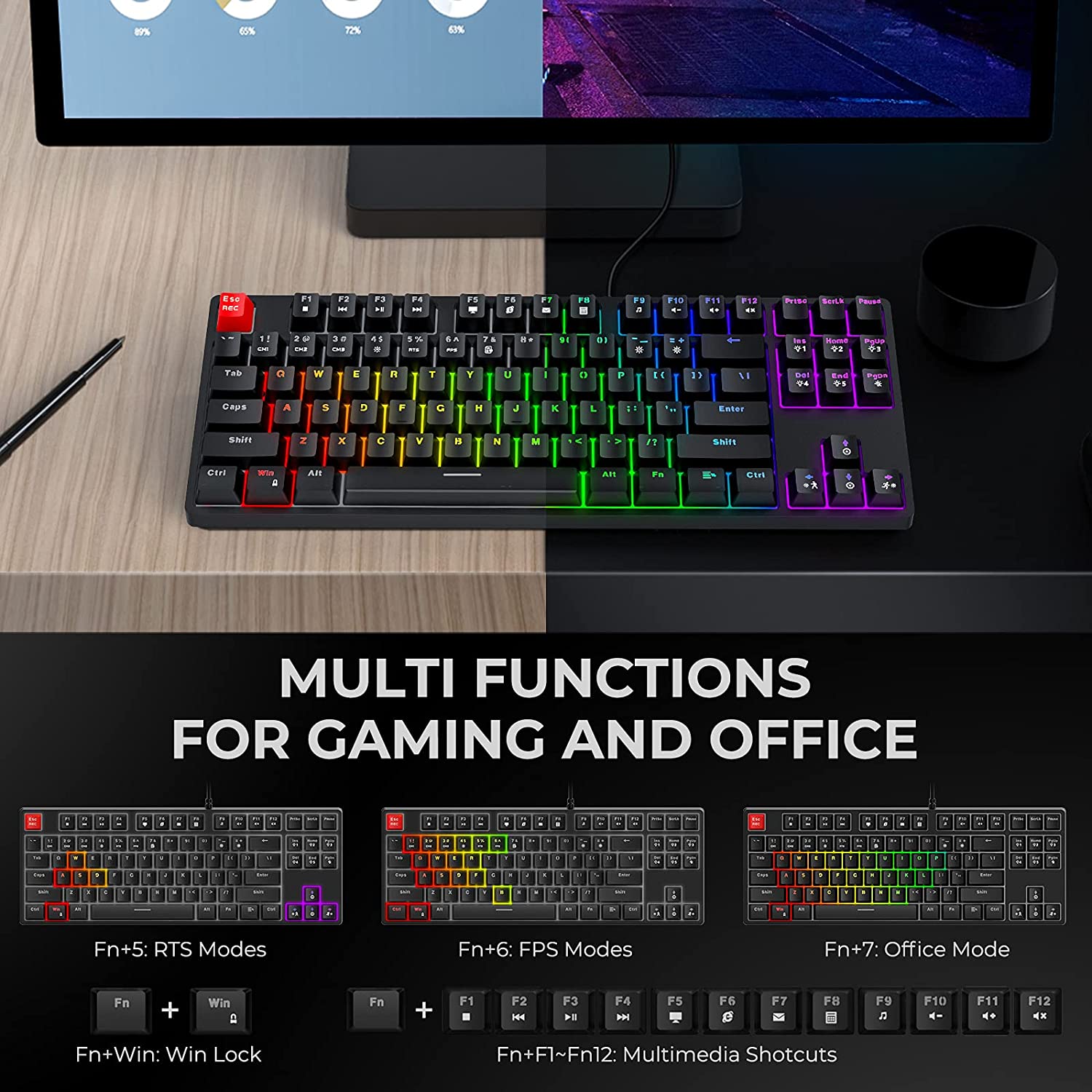 HAVIT KB489L TKL Mechanical Keyboard with 87 Keys LED Rainbow Backlit