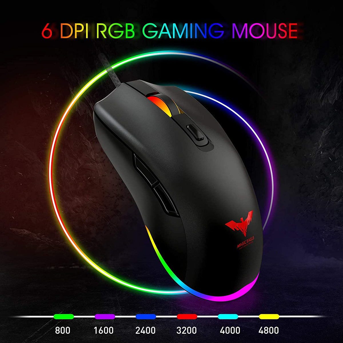 HAVIT MS732 RGB-Gaming-Maus mit 6400 DPI, programmierbar, 7-farbige Hi