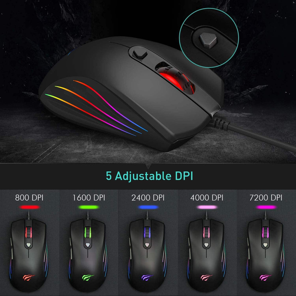 HAVIT MS762 Programmable Gaming Mouse with 7200 DPI, RGB Backlights, 7