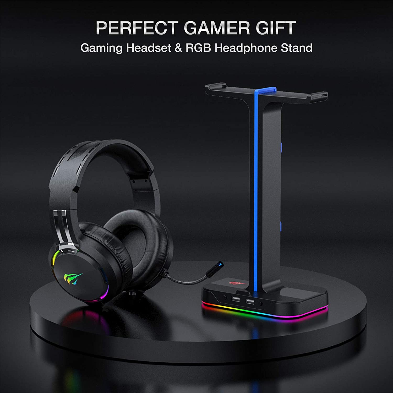 HAVIT TH650A RGB Gaming Headset & Dual Hanger Headphone Stand Set with