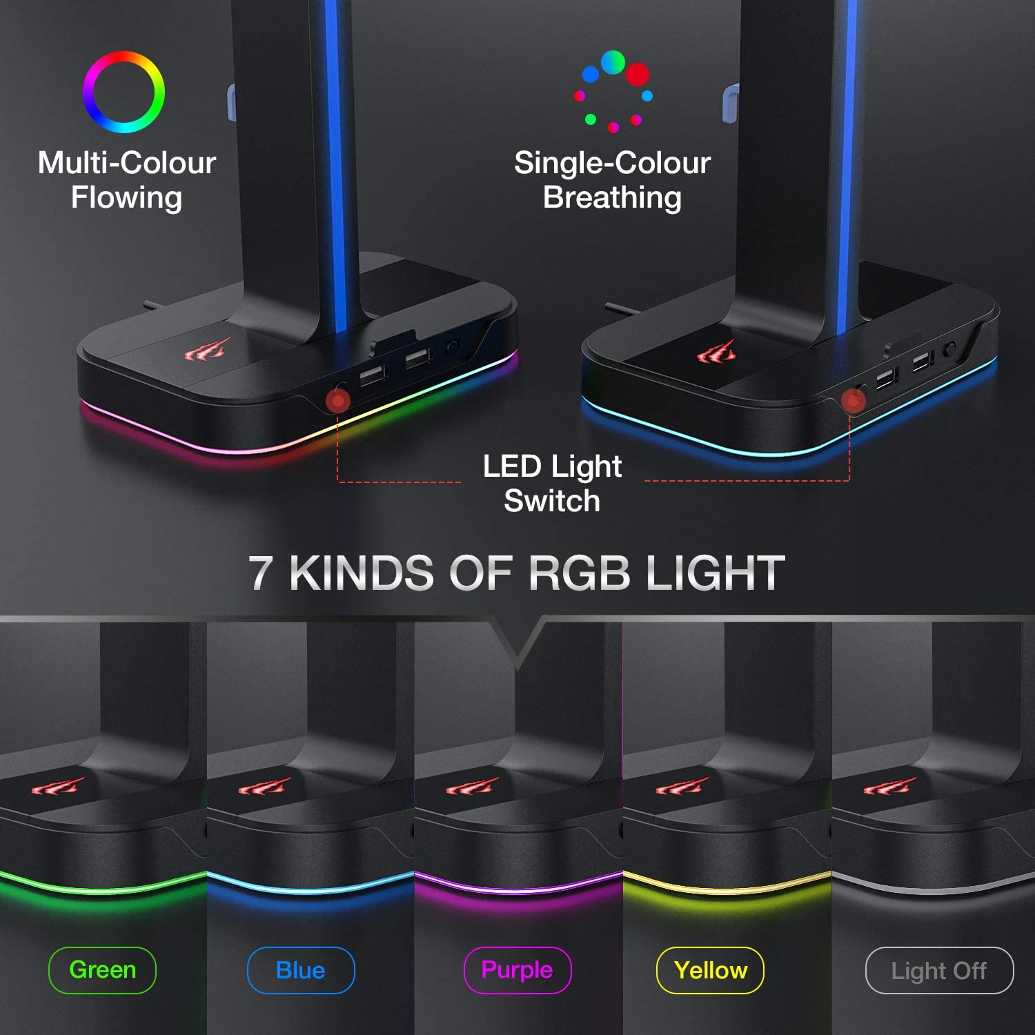 HAVIT TH650A RGB Gaming Headset & Dual Hanger Headphone Stand Set with