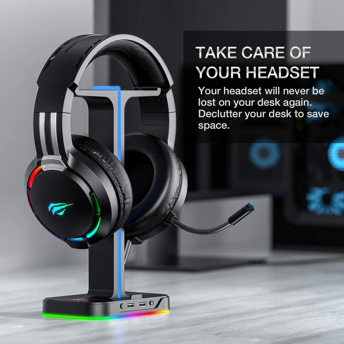 HAVIT TH650A RGB Gaming Headset & Dual Hanger Headphone Stand Set with