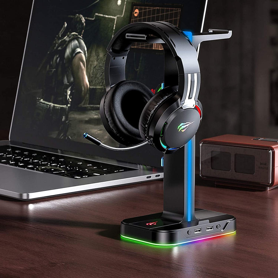 HAVIT TH650 RGB Headset Stand with Dual Hanger & 2 USB Ports