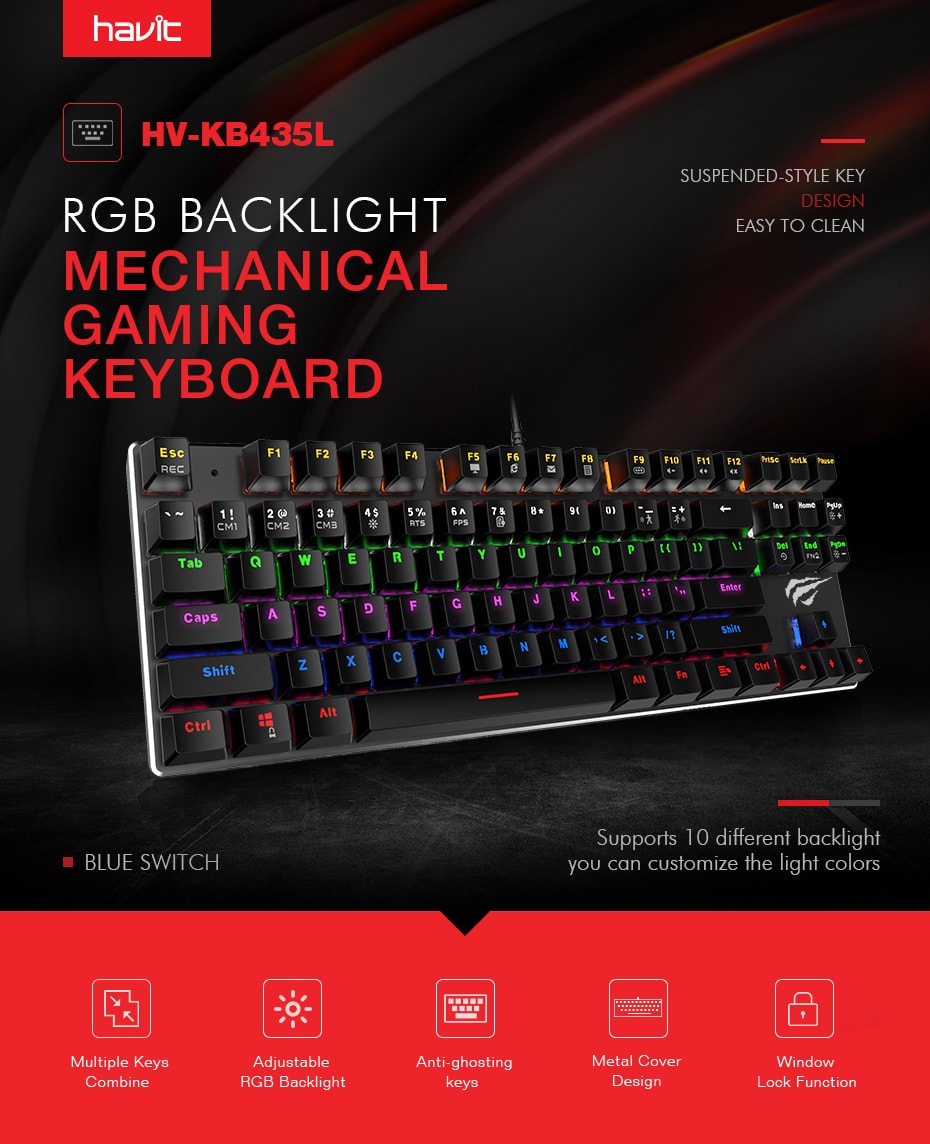 HAVIT HV-KB435L Tenkeyless Mechanical Keyboard, 87 Keys, RGB Backlight